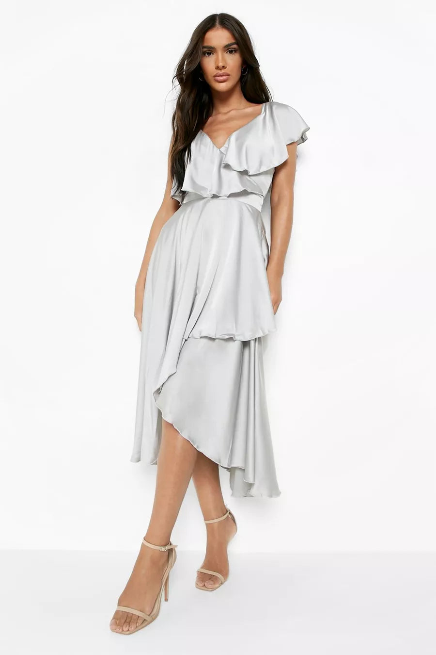 Satin Ruffle Wrap Midi Dress – Brandlyng Satin Ruffle Wrap Midi Dress – Brandlyng