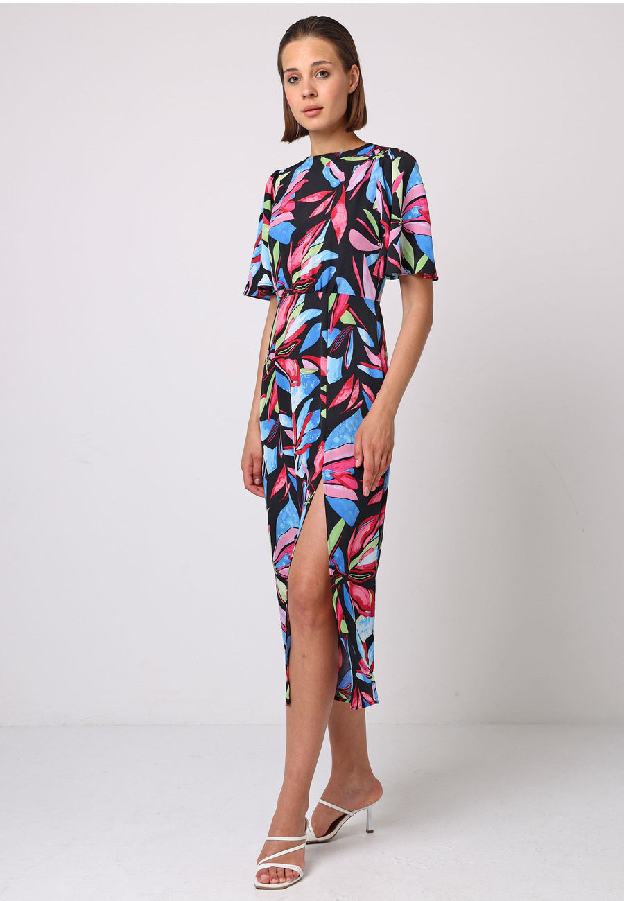 Angel Sleeves Midi Dress With Side Slit In Black Multi Print – Brandlyng